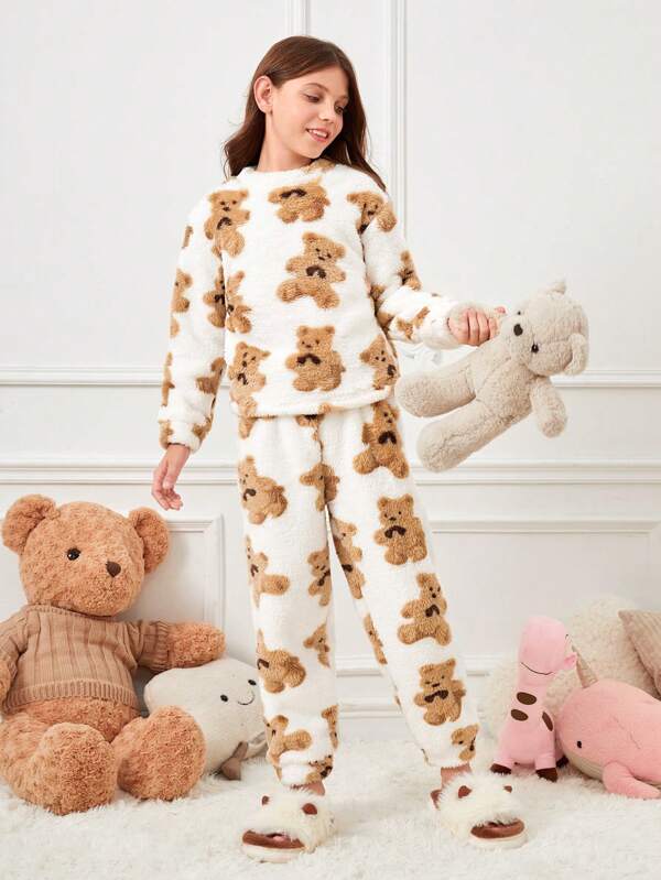 Tween Girl Bear Print Flannel PJ Set | SHEIN UK
