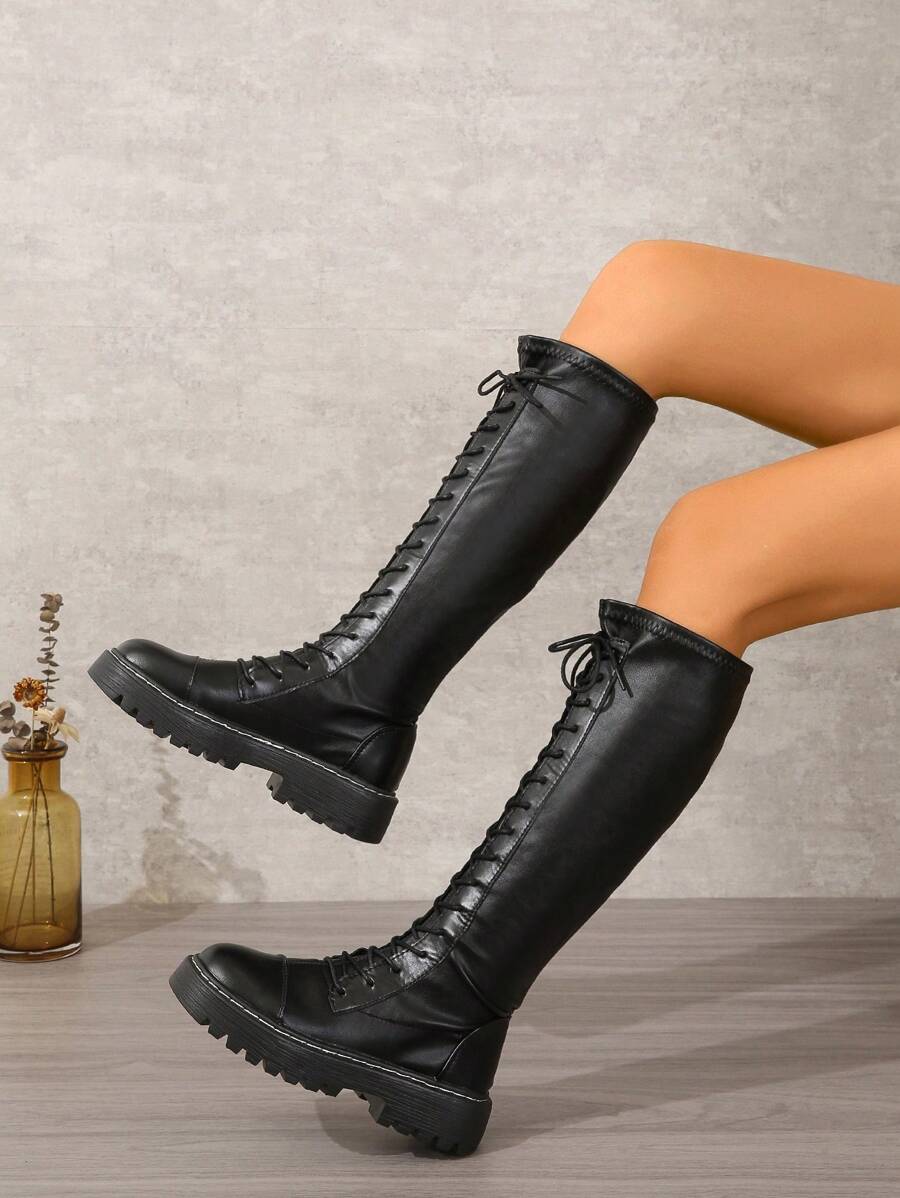 Women Knee High Boots, Medium Calf Length Soft PU Leather Boots | SHEIN ...