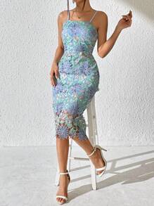Chiquease Floral Pattern Guipure Lace Overlay Cami Dress | SHEIN USA