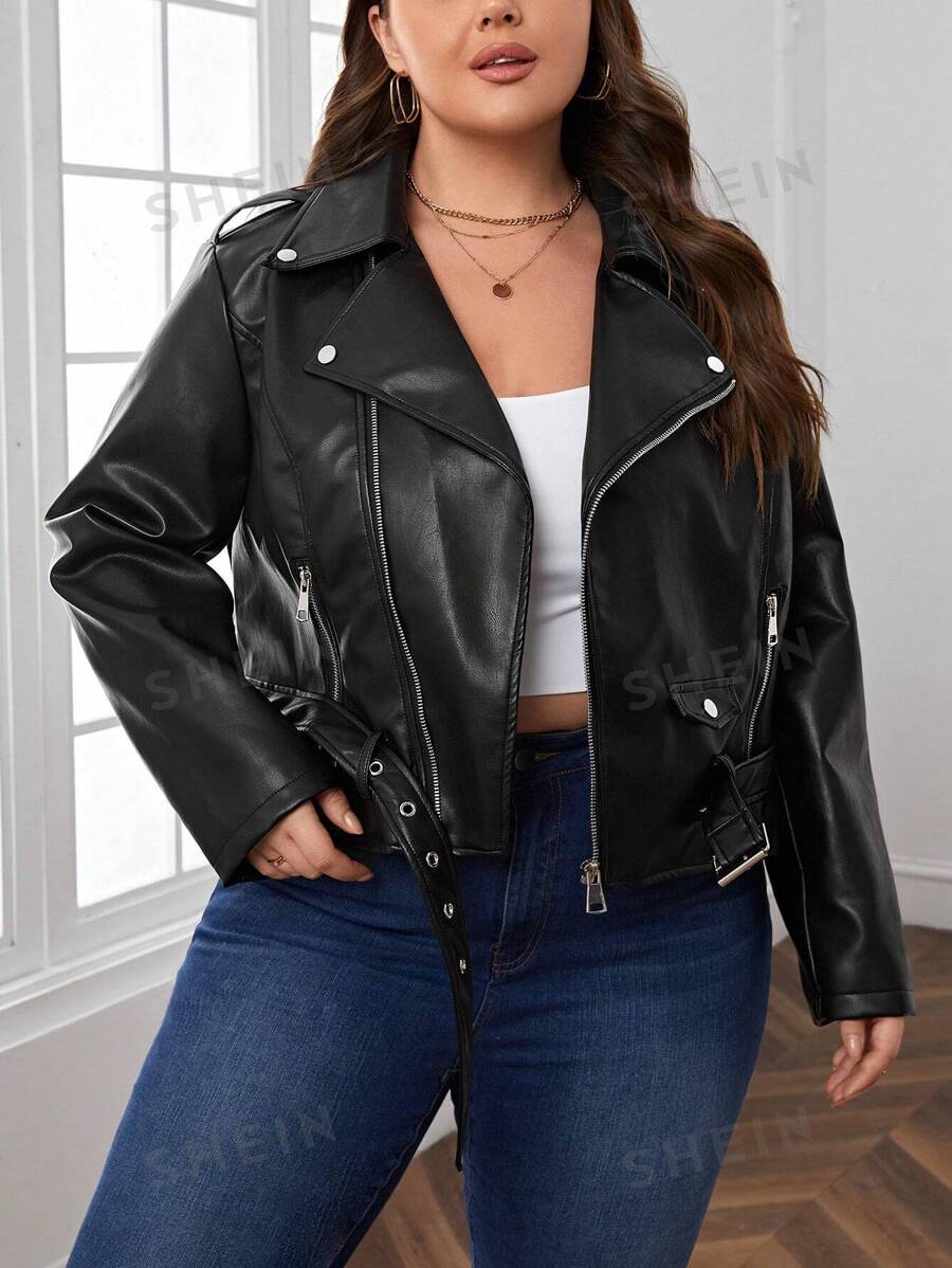 SHEIN Essnce Plus Zip Up Patent Moto Jacket | SHEIN USA