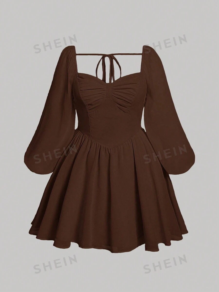 SHEIN MOD Plus Tie Back Lantern Sleeve Ruched Bust Dress | SHEIN USA