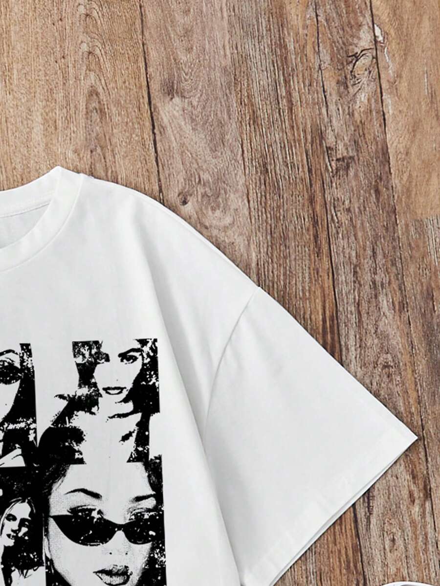 SHEIN Teen Girl Portrait Print T-Shirt, Casual And Fun Outfit For ...