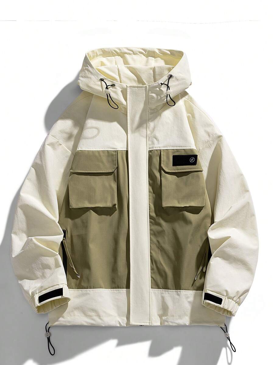 Men Colorblock Flap Pocket Drawstring Hem Hooded Jacket | SHEIN USA