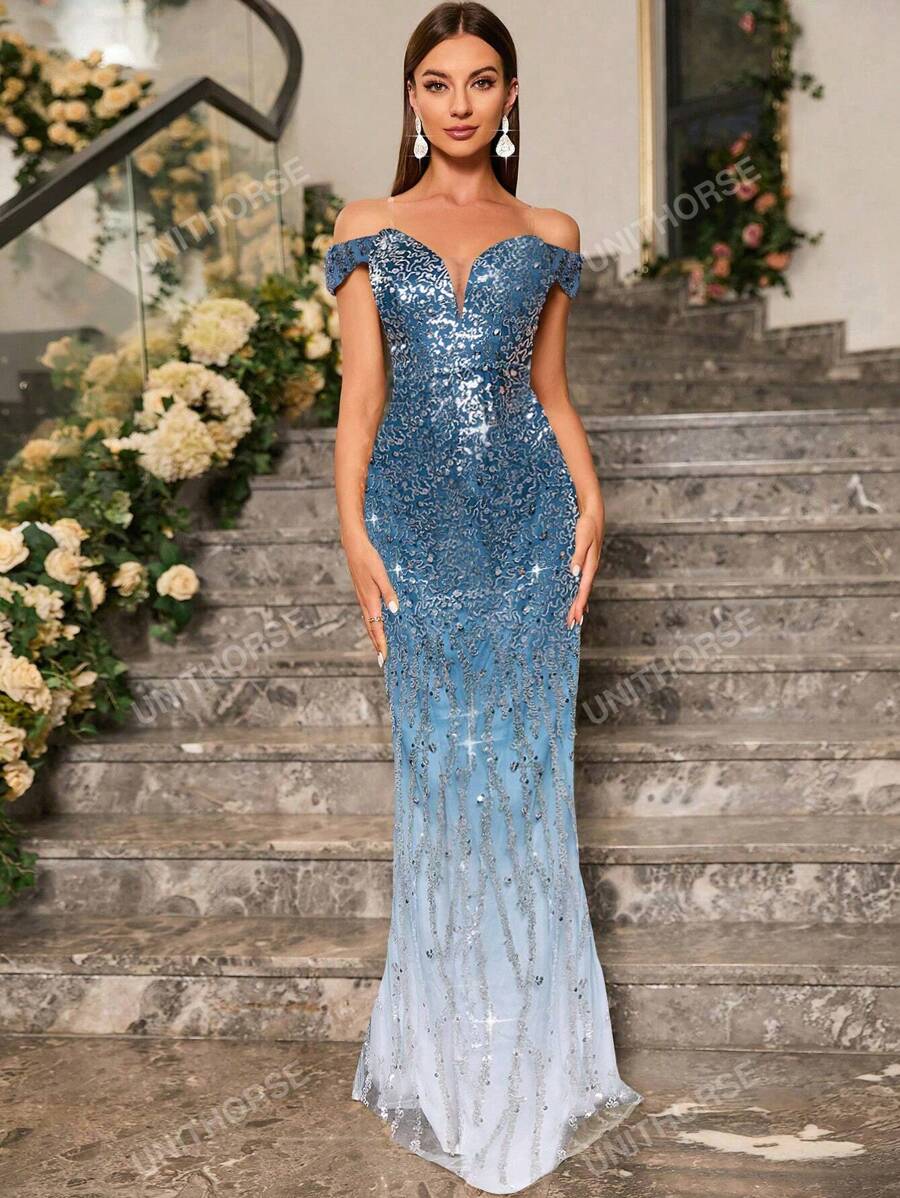 UNITHORSE Off Shoulder Mermaid Hem Sequin Formal Dress Elegant Prom Evening Wedding Guest Gown ...
