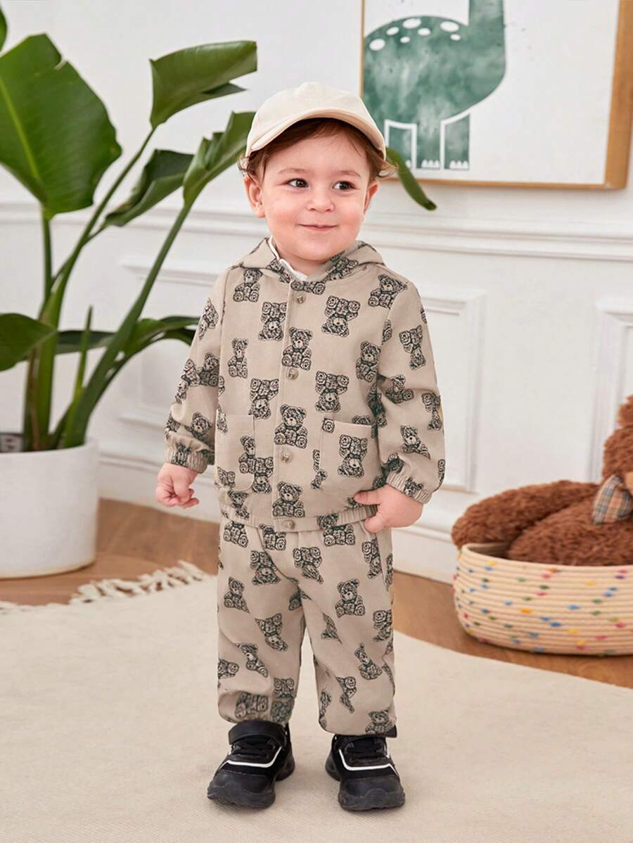 SHEIN Baby Boy Cute Bear Printed Long Sleeve Hooded Jacket And Tapered ...