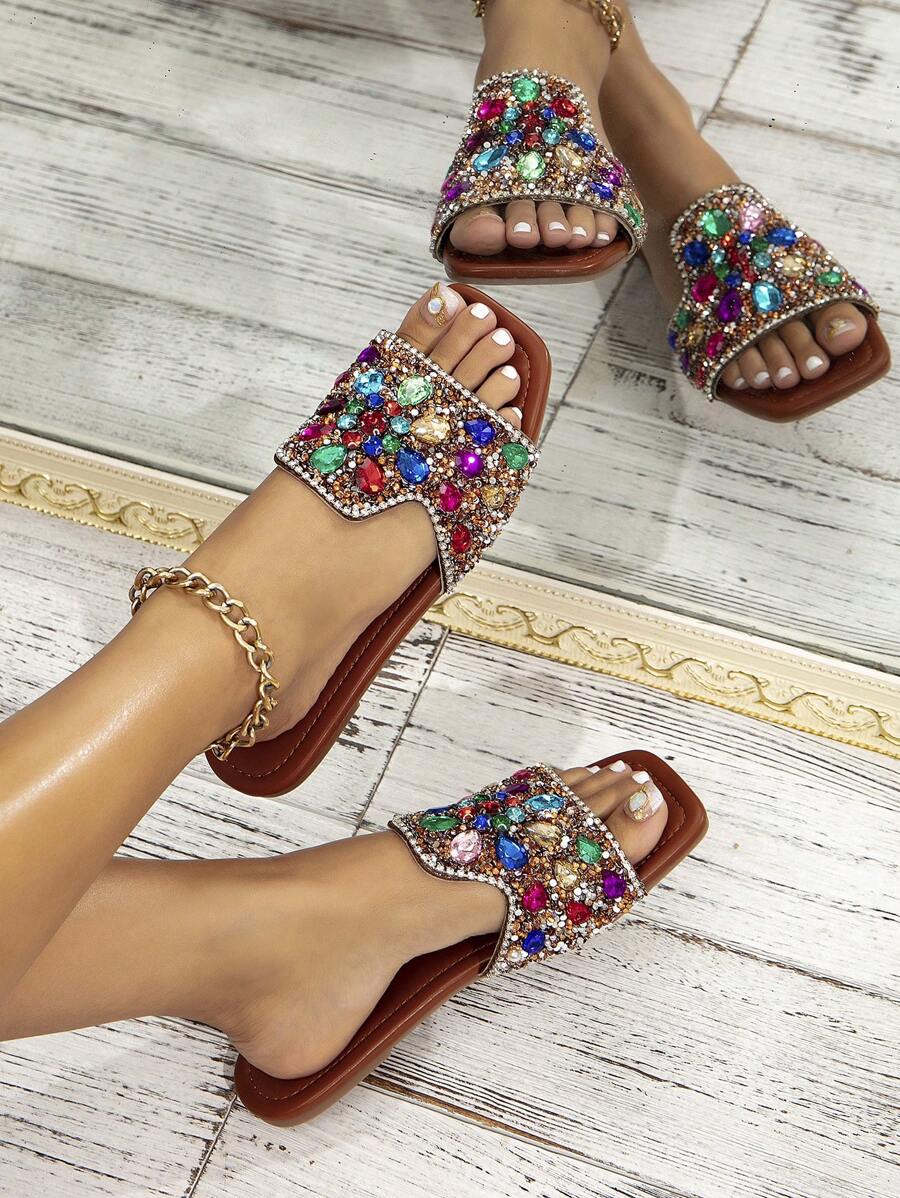 Fashionable Women's Colorful Rhinestone Flat Sandals | SHEIN USA