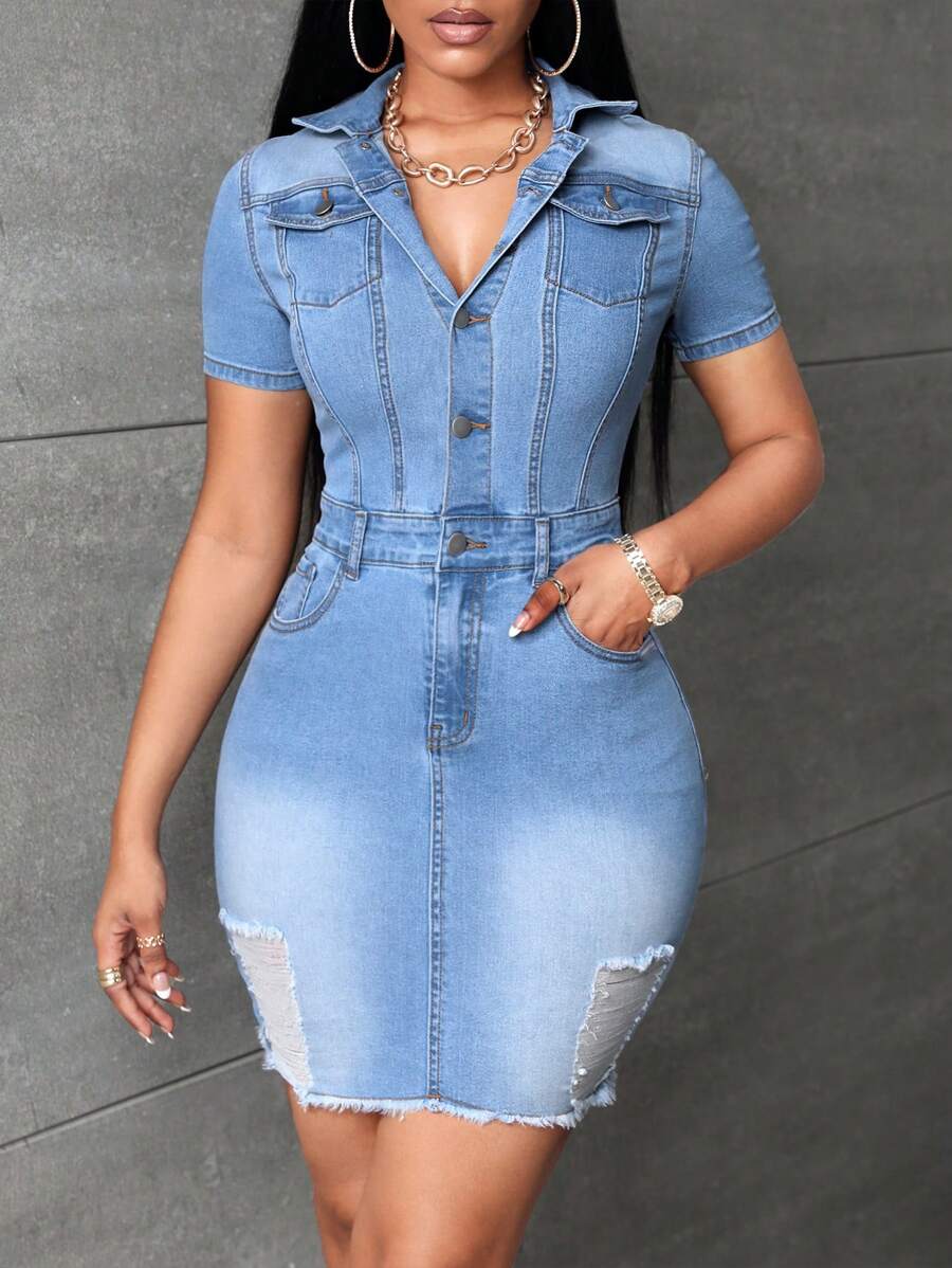 SHEIN SXY Ripped Raw Cut Denim Dress | SHEIN USA