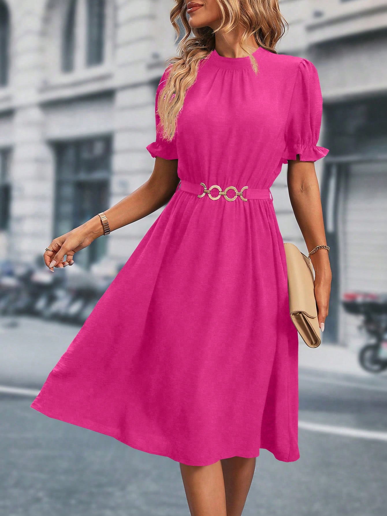 Solid Puff Sleeve A-line Dress Without Belt | SHEIN USA