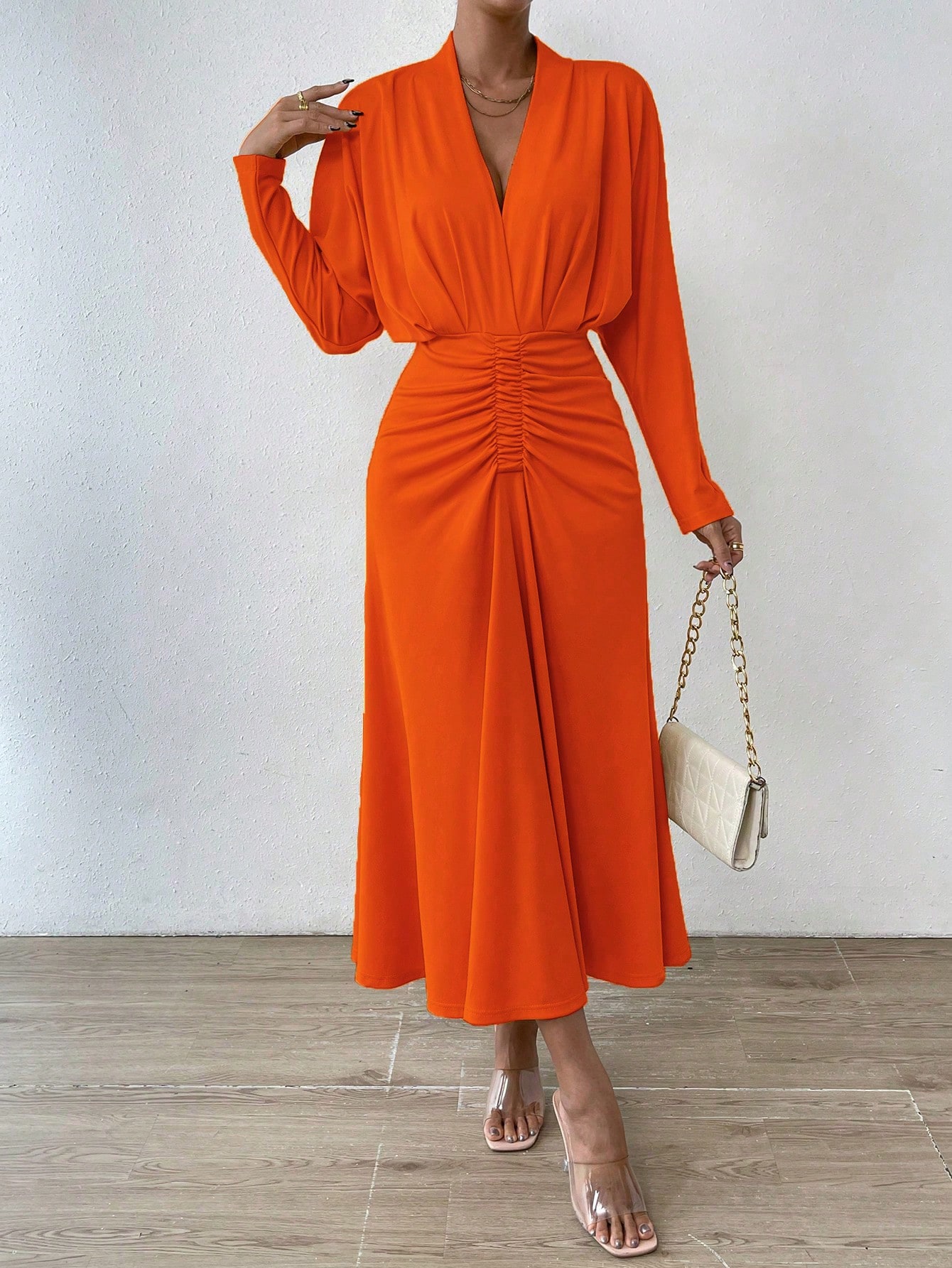 SHEIN Privé Solid Ruched Front A-line Dress | SHEIN USA