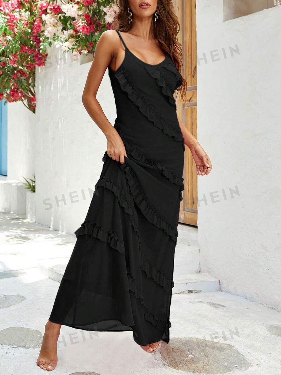 Solid Mesh Ruffle Trim Cami Dress | SHEIN UK