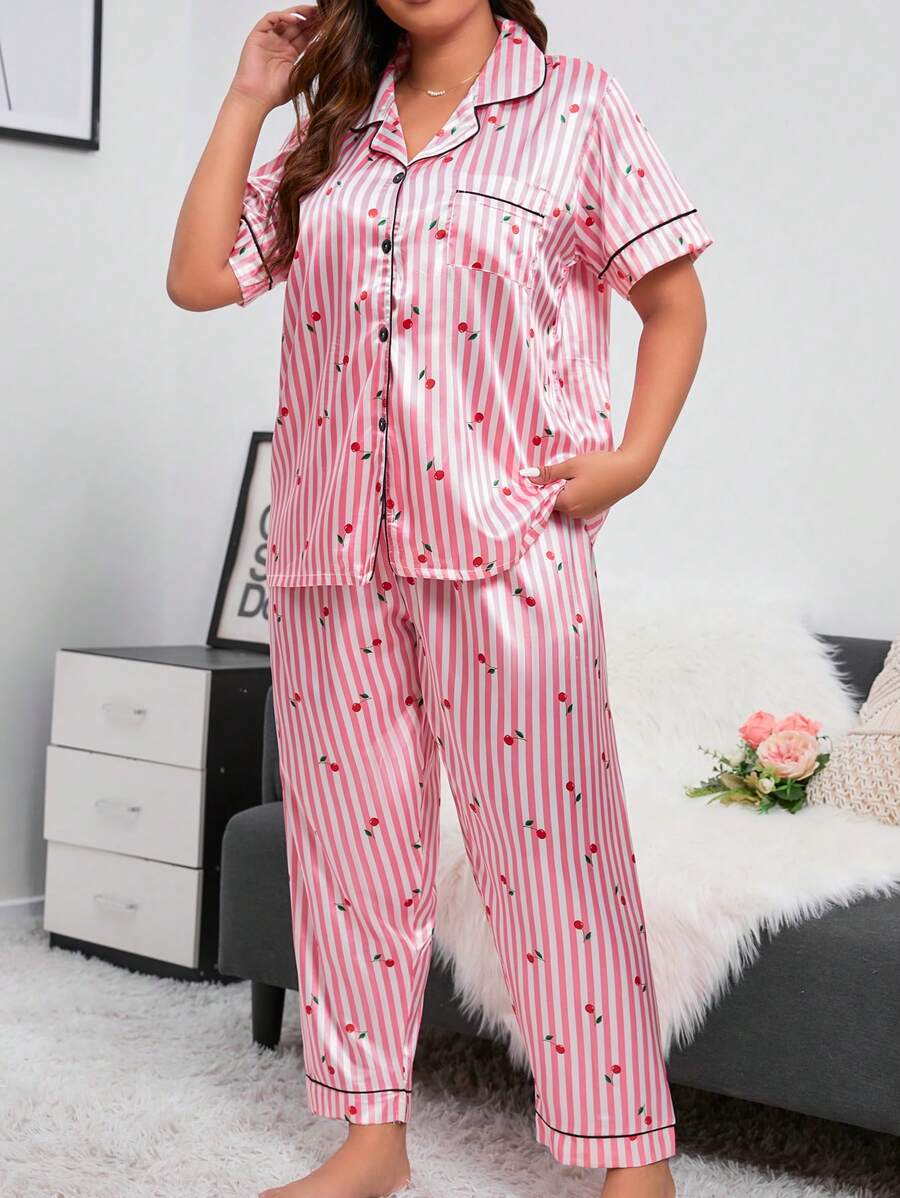 Plus Striped & Cherry Print Contrast Piping Satin PJ Set | SHEIN USA