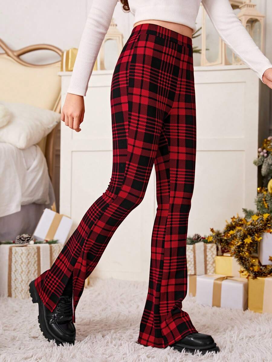 Teen Girl Plaid Print Split Hem Pants for Christmas | SHEIN USA