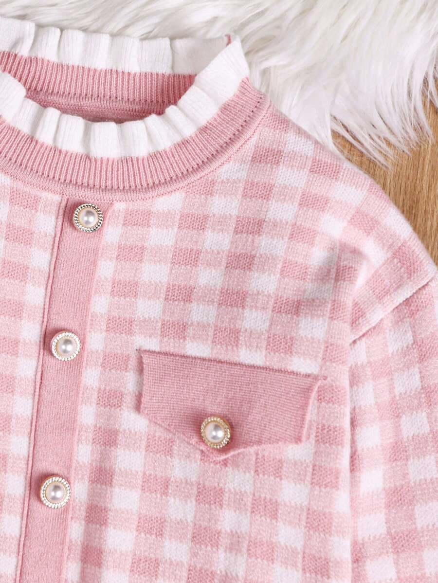 SHEIN Tween Girl Gingham Pattern Frill Trim Cardigan & Knit Skirt ...