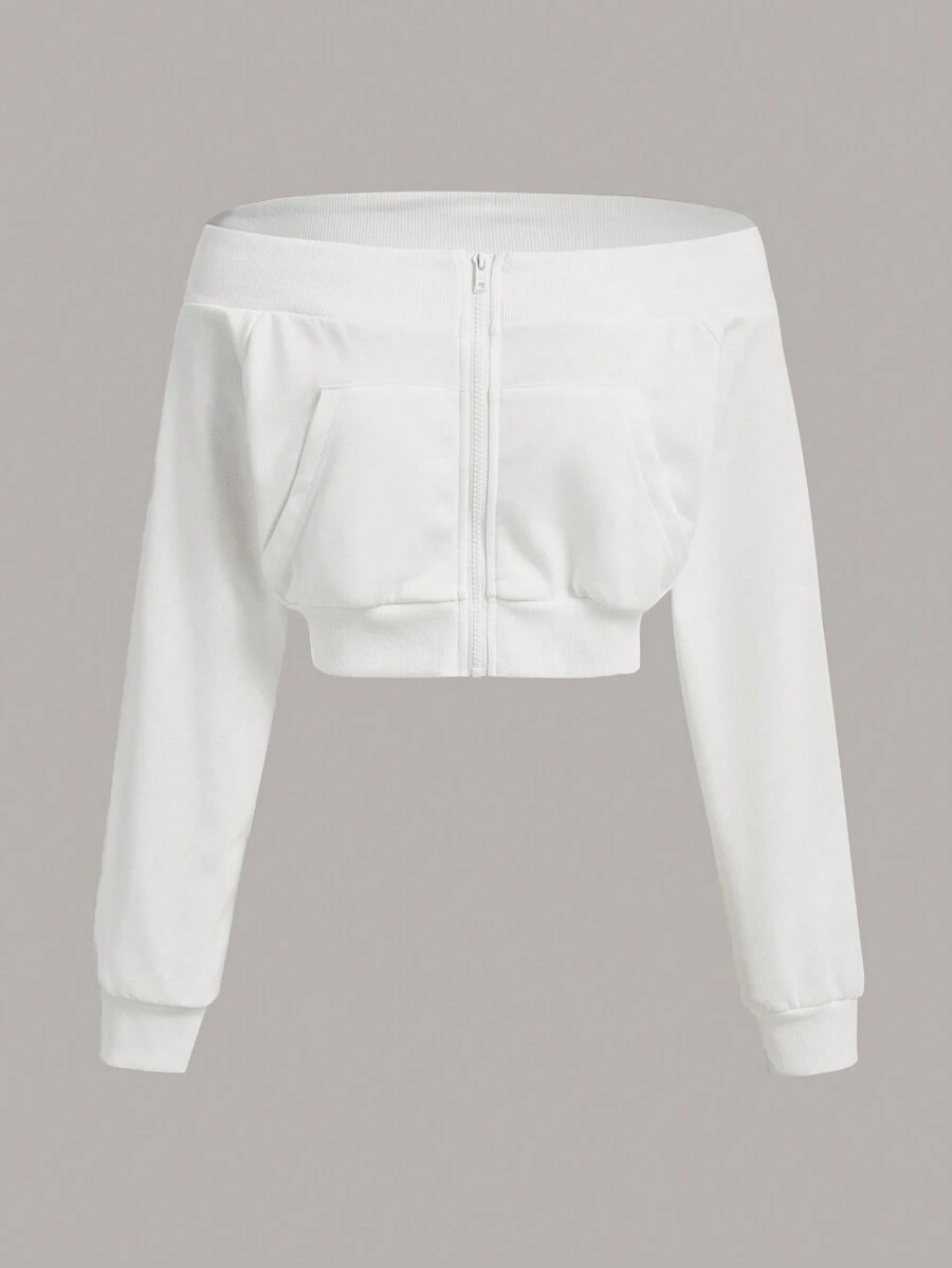SHEIN EZwear Off Shoulder Zip Up Crop Sweatshirt | SHEIN USA