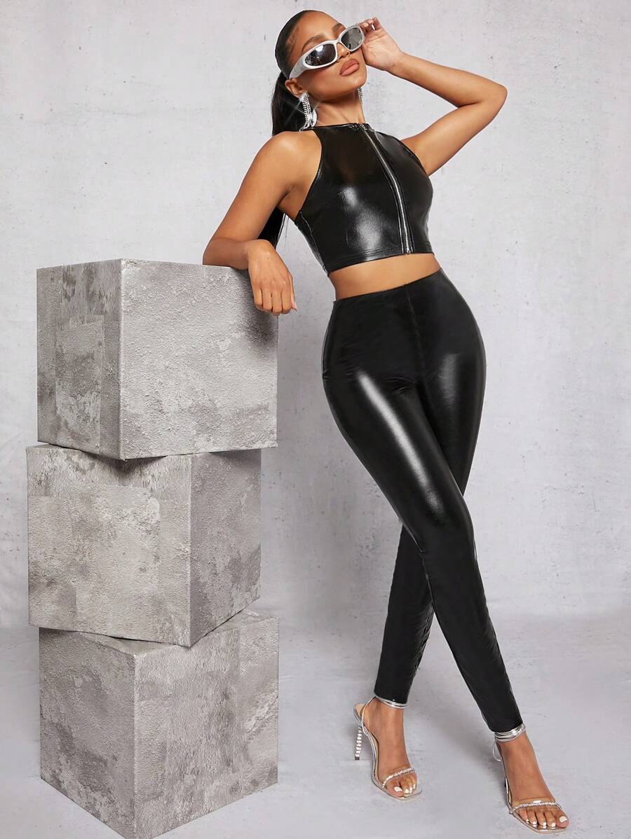 Sarah LA Zip Up PU Leather Tank Top & Leggings | SHEIN USA