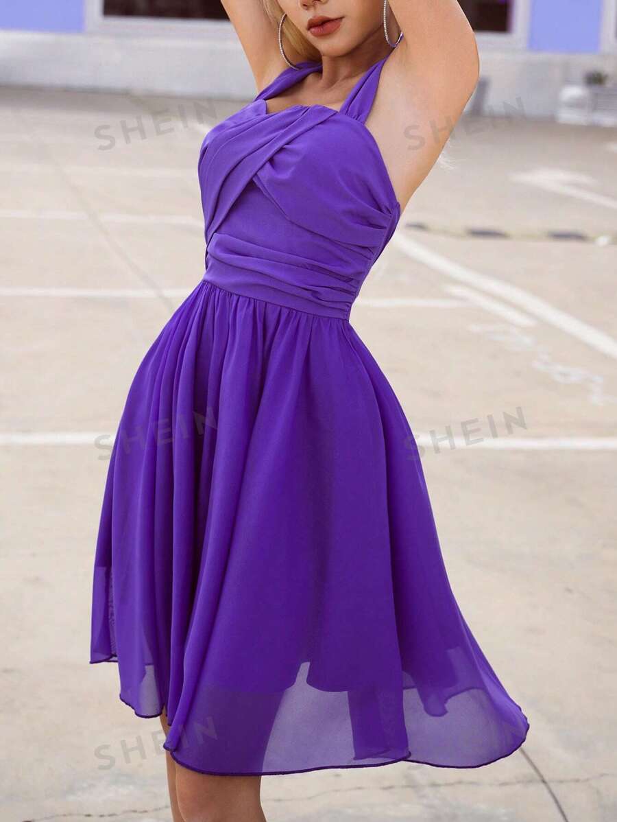 SHEIN Unity Solid Halter Neck Backless Dress Graduation Party Semi ...