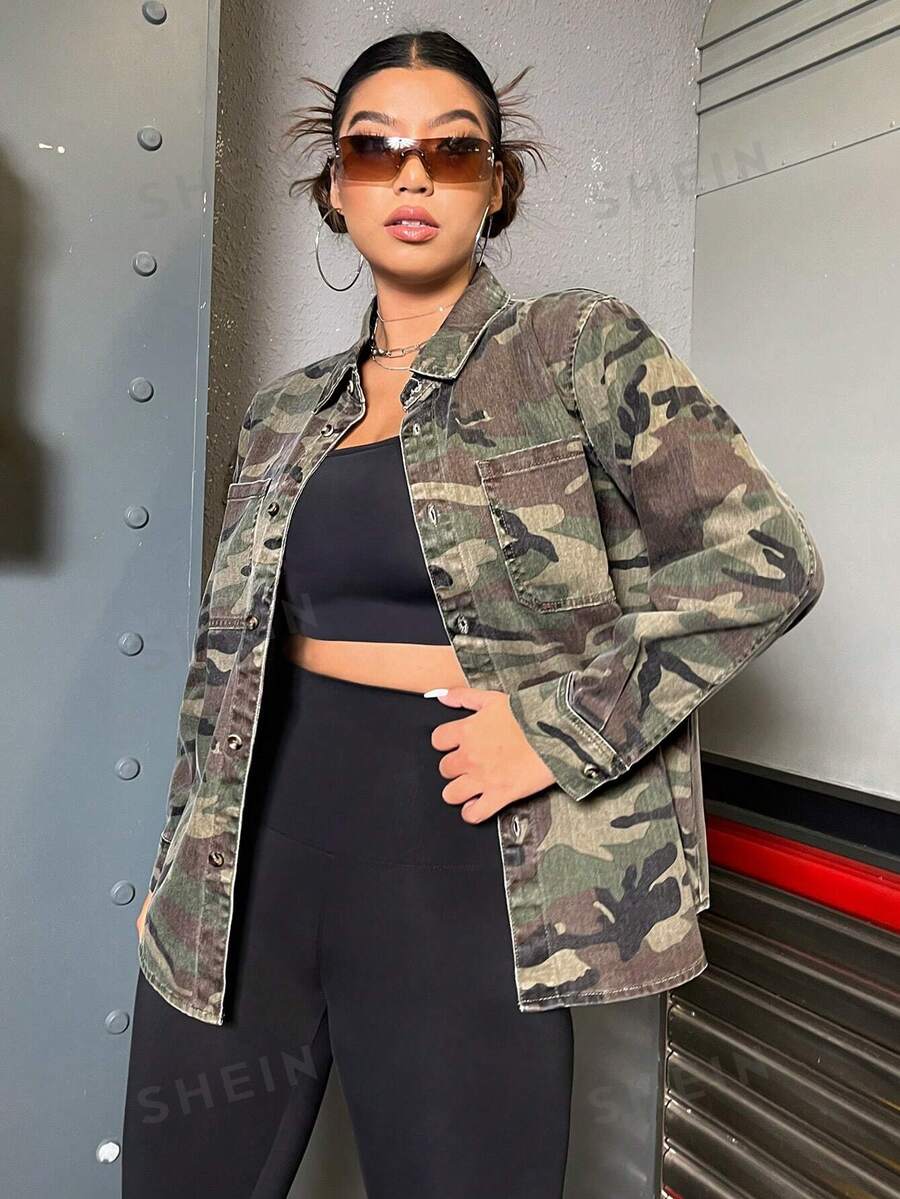 SHEIN EZwear Plus Camo Print Patched Pocket Denim Jacket | SHEIN UK