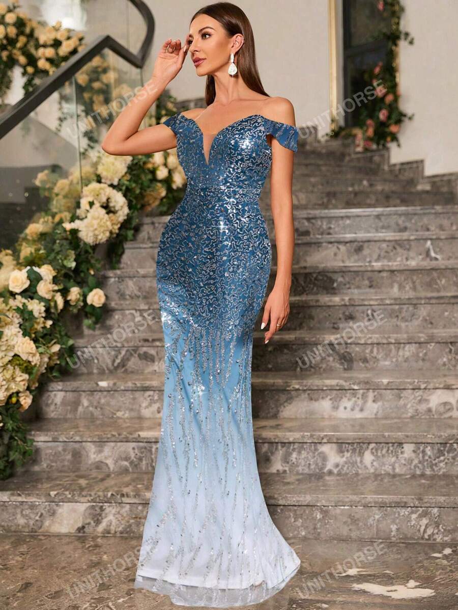 UNITHORSE Off Shoulder Mermaid Hem Sequin Formal Dress Elegant Prom Evening Wedding Guest Gown ...