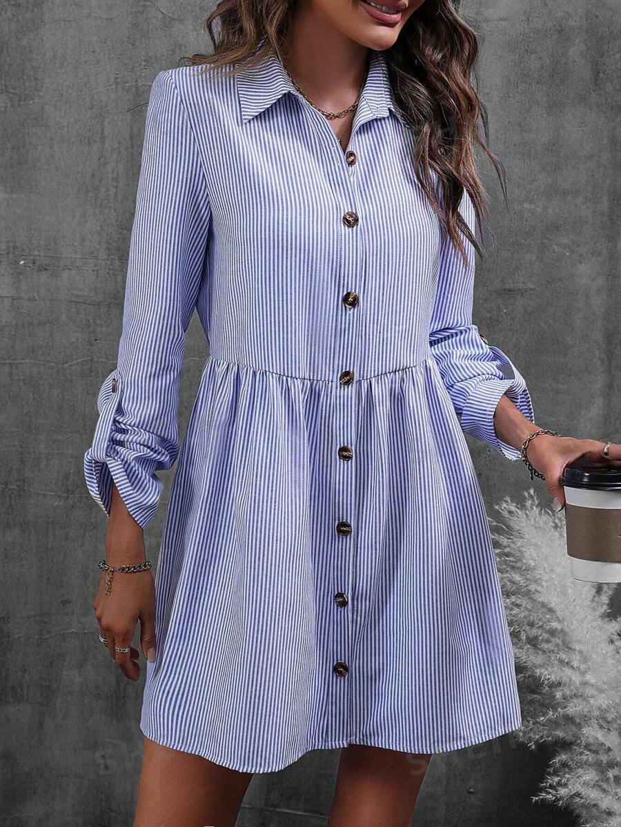 Shein Clasi Striped Print Roll Tab Sleeve Shirt Dress For Sale