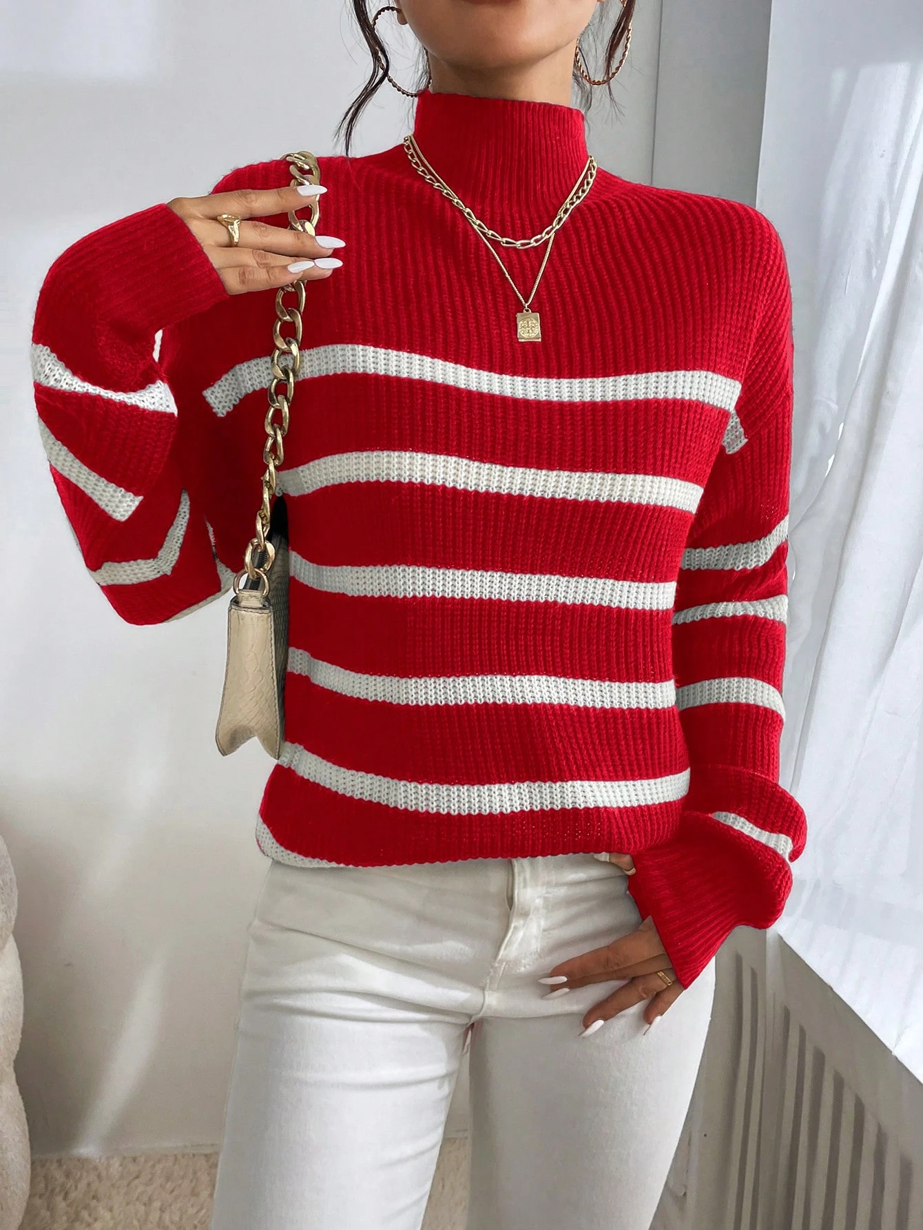 Shein Essnce Striped Pattern High Neck Drop Shoulder Sweater Shein Usa