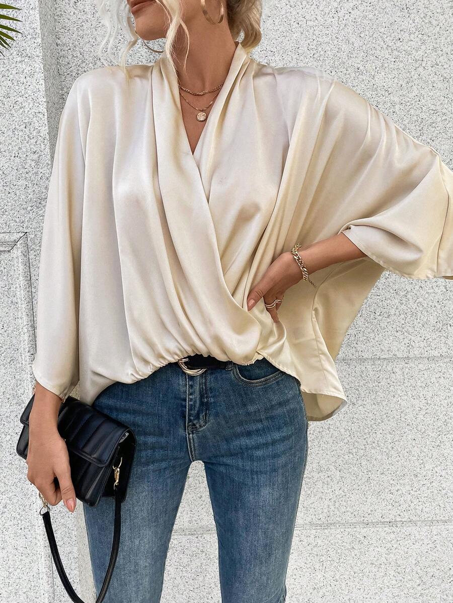 SHEIN Unity Solid Surplice Neck Batwing Sleeve Satin Blouse | SHEIN UK