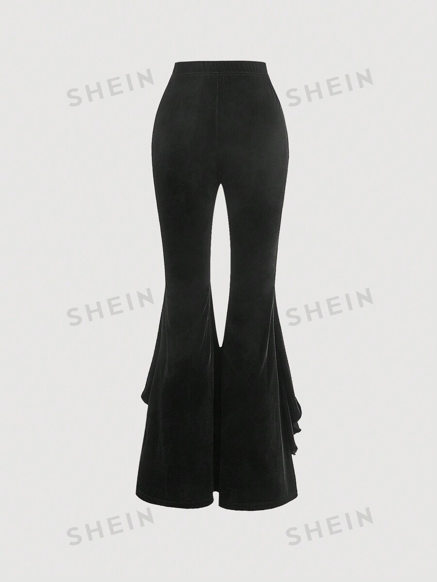 SHEIN MOD Black Date Night Romantic Contrast Lace Ruffle Trim Velvet ...