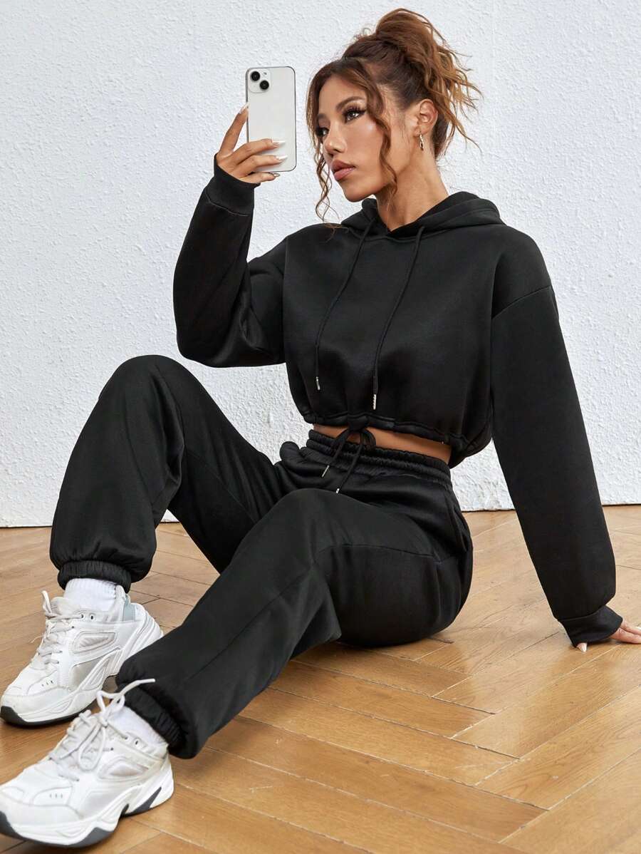 INAWLY Drop Shoulder Drawstring Hem Thermal Lined Crop Hoodie & Sweatpants | SHEIN USA