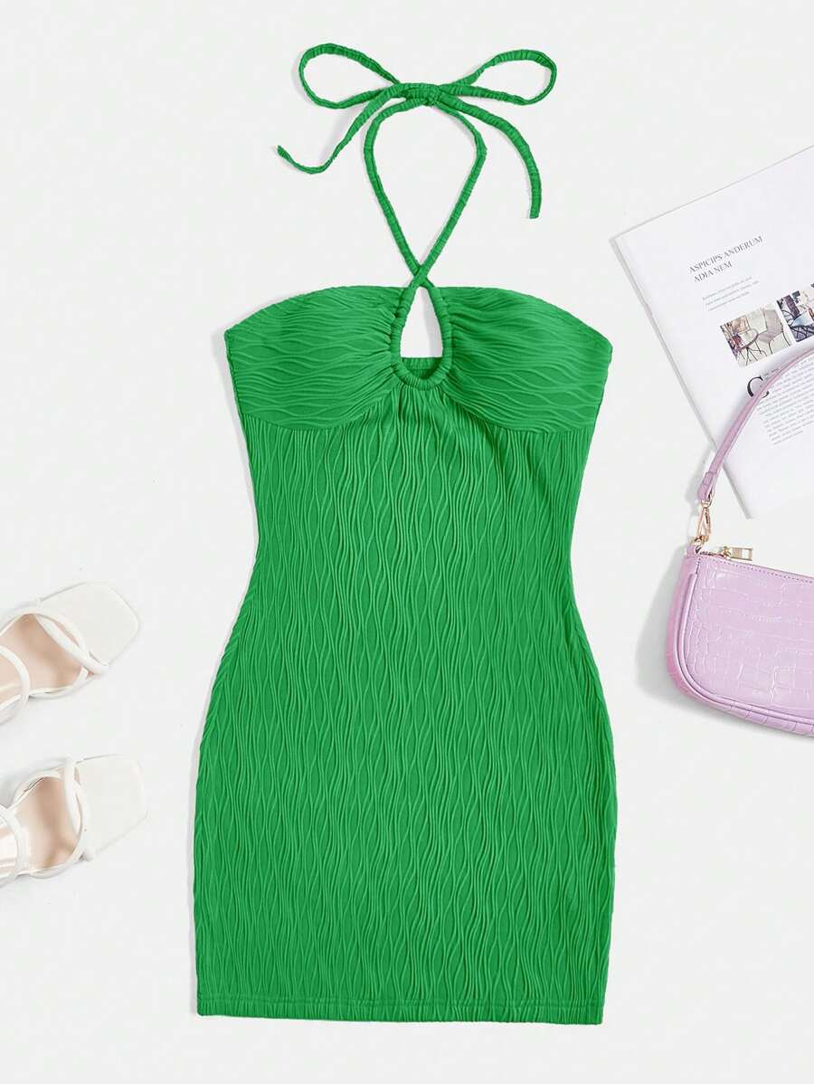 SHEIN EZwear Summer Outing Solid Halter Neck Backless Bodycon Dress ...