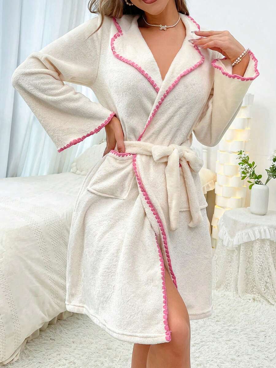 Contrast Binding Belted Flannel Lounge Robe | SHEIN USA