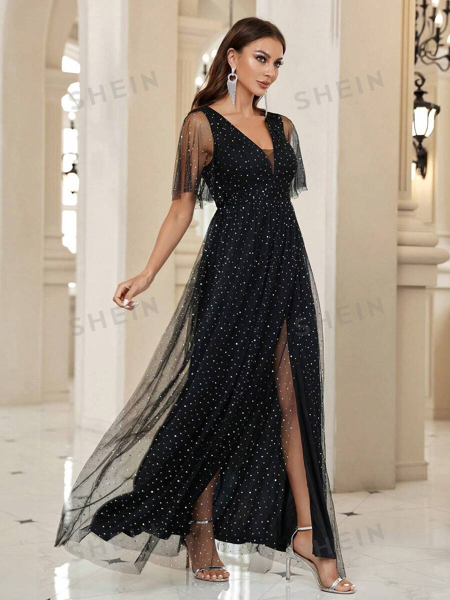 SHEIN Belle Rhinestone Mesh Overlay Split Thigh Dress | SHEIN UK