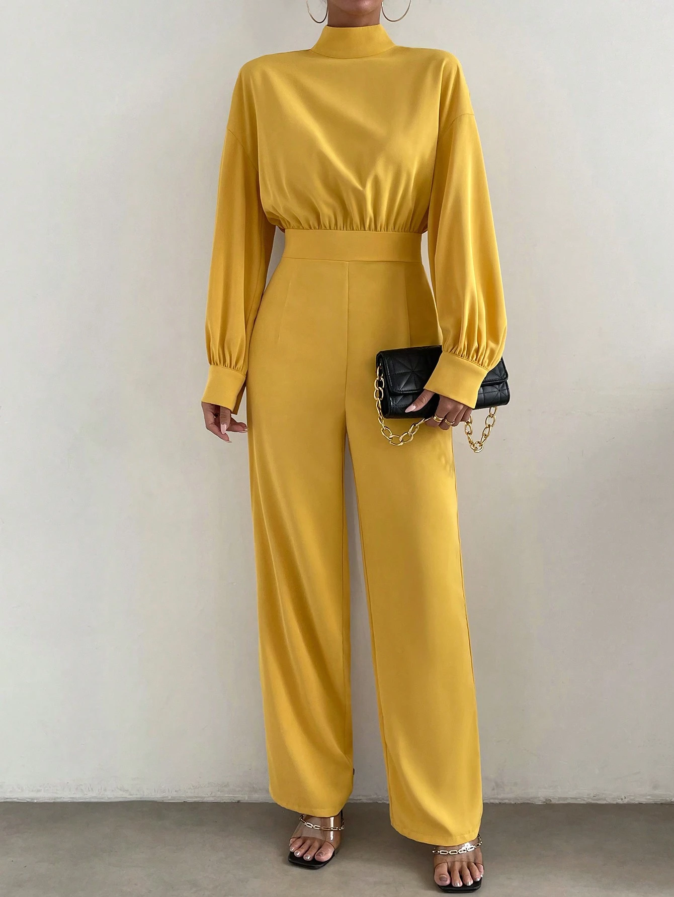 Shein Essnce Mock Neck Lantern Sleeve Wide Leg Jumpsuit Shein Usa