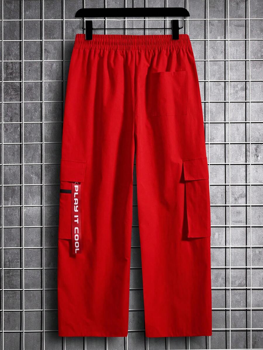 Manfinity EMRG Loose Fit Men's Cargo Pants With Letter Detail Tape, Flap Pockets And Drawstring ...