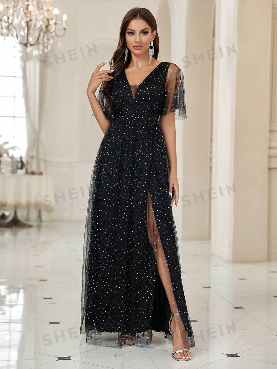 SHEIN Belle Rhinestone Mesh Overlay Split Thigh Dress | SHEIN UK