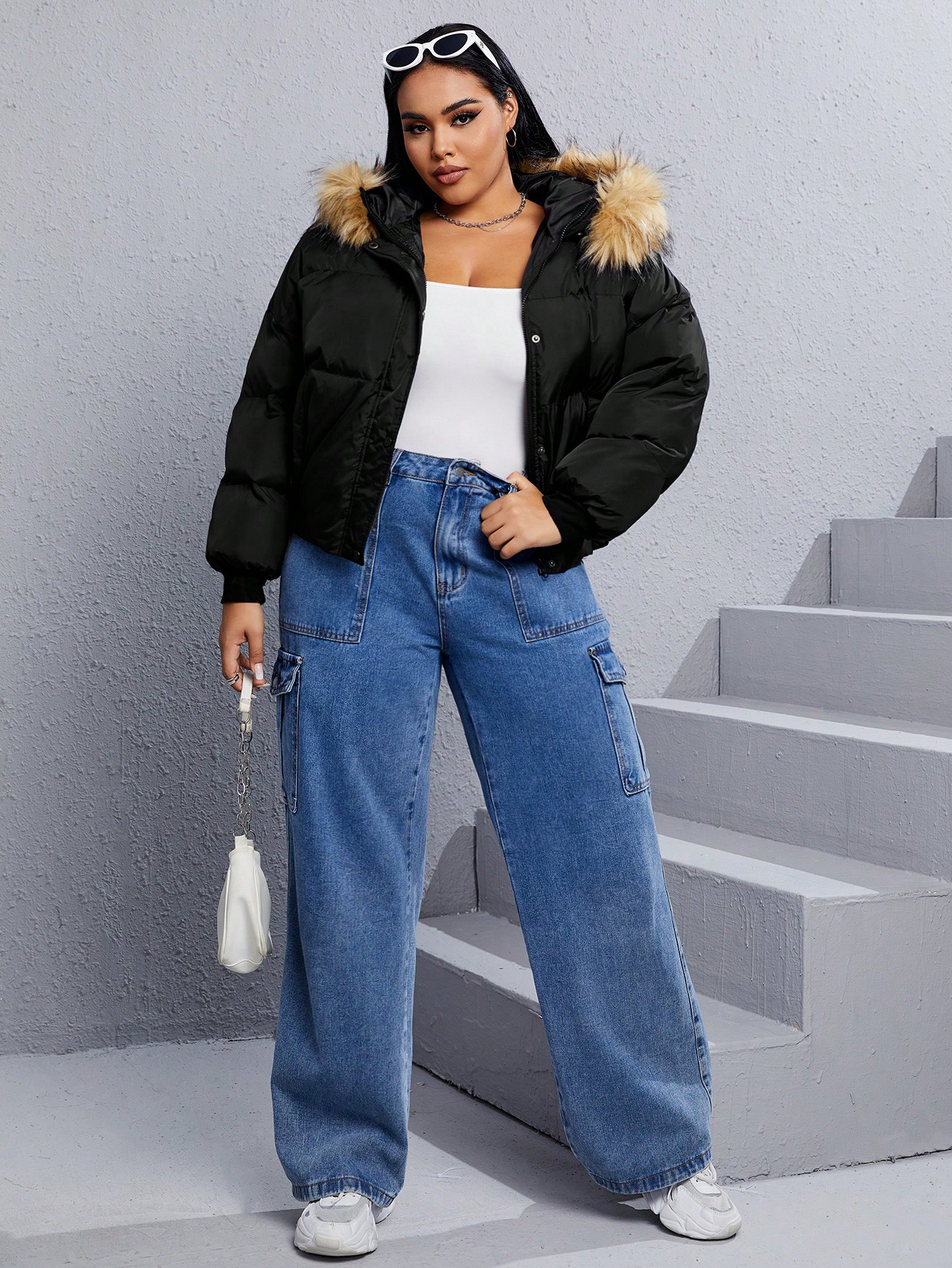 SHEIN EZwear Plus Fuzzy Trim Hooded Puffer Coat | SHEIN UK