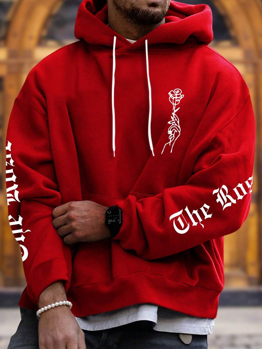 Manfinity Homme Hombres Capucha con estampado floral con letra con bolsillo de canguro con ...