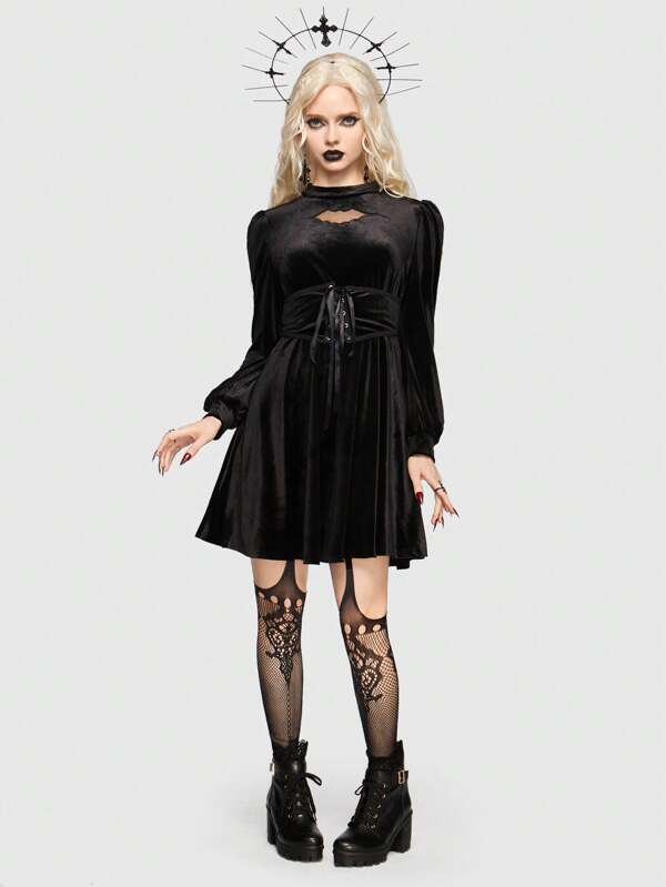 Goth Cut Out Lace Up Front Velvet Dress | SHEIN USA