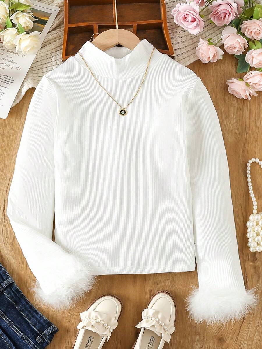 SHEIN Tween Girl Mock Neck Fuzzy Cuff Tee | SHEIN USA