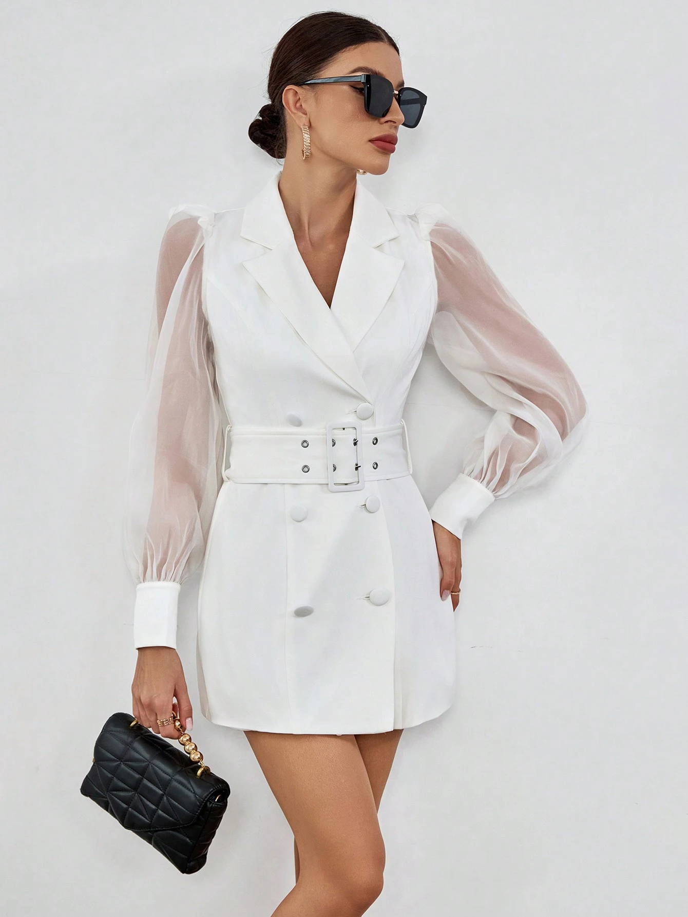 SHEIN Privé Contrast Mesh Double Breasted Belted Blazer Dress | SHEIN USA