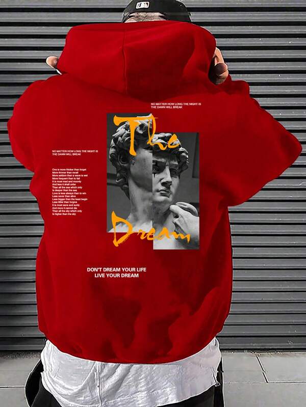 Manfinity Men Slogan And Figure Graphic Kangaroo Pocket Drawstring Hoodie