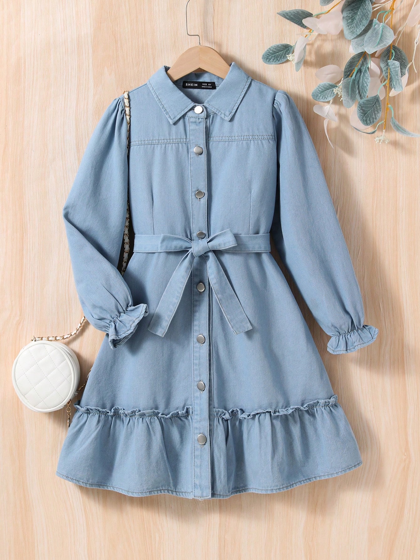 Tween Girl Flare Sleeve Ruffle Hem Belted Denim Dress | SHEIN UK