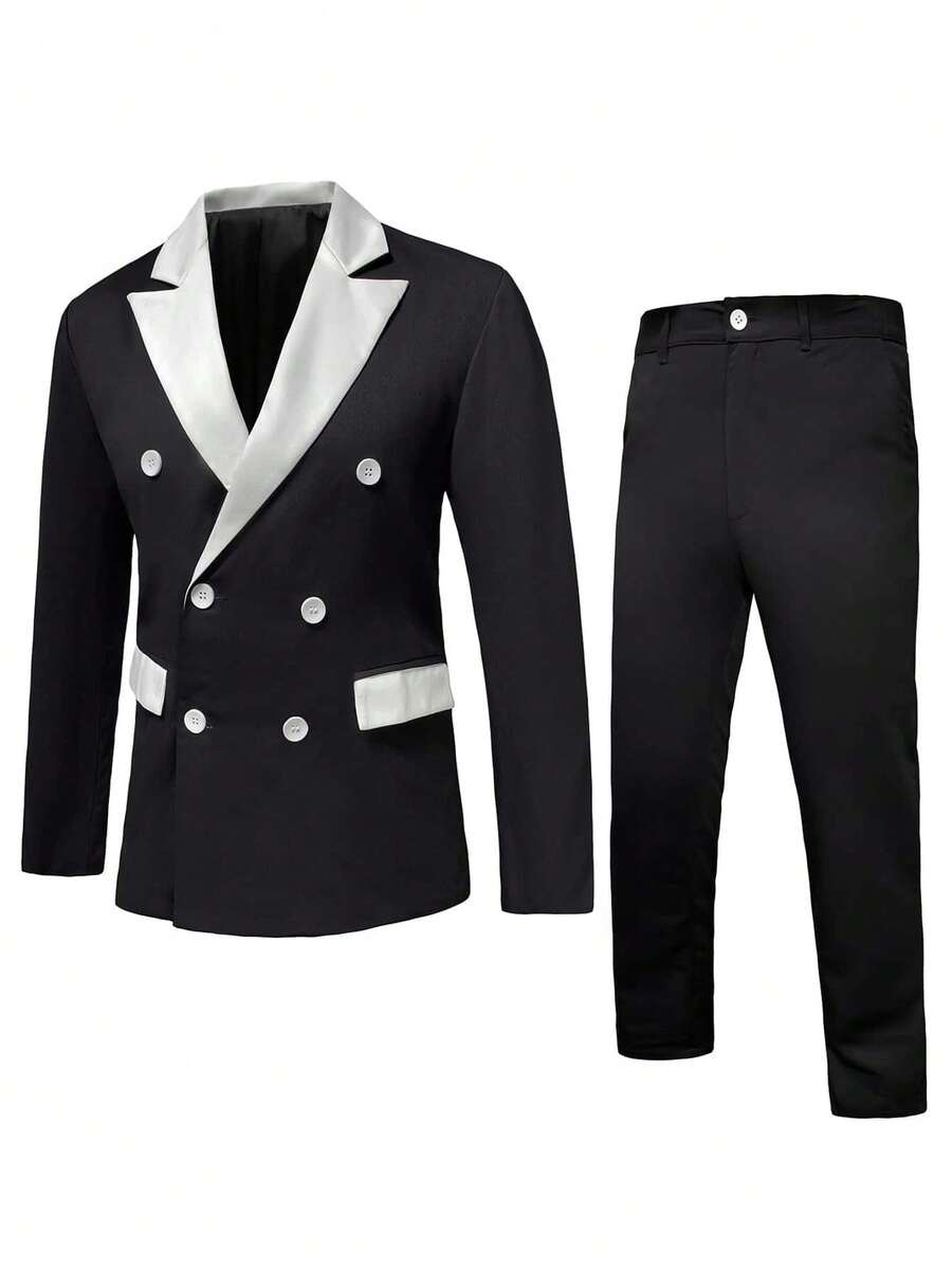 Manfinity Mode Men Contrast Panel Double Breasted Blazer & Suit Pants ...