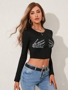 SHEIN Essnce Halloween Skeleton Hand Rhinestone Detail Crop Tee | SHEIN USA