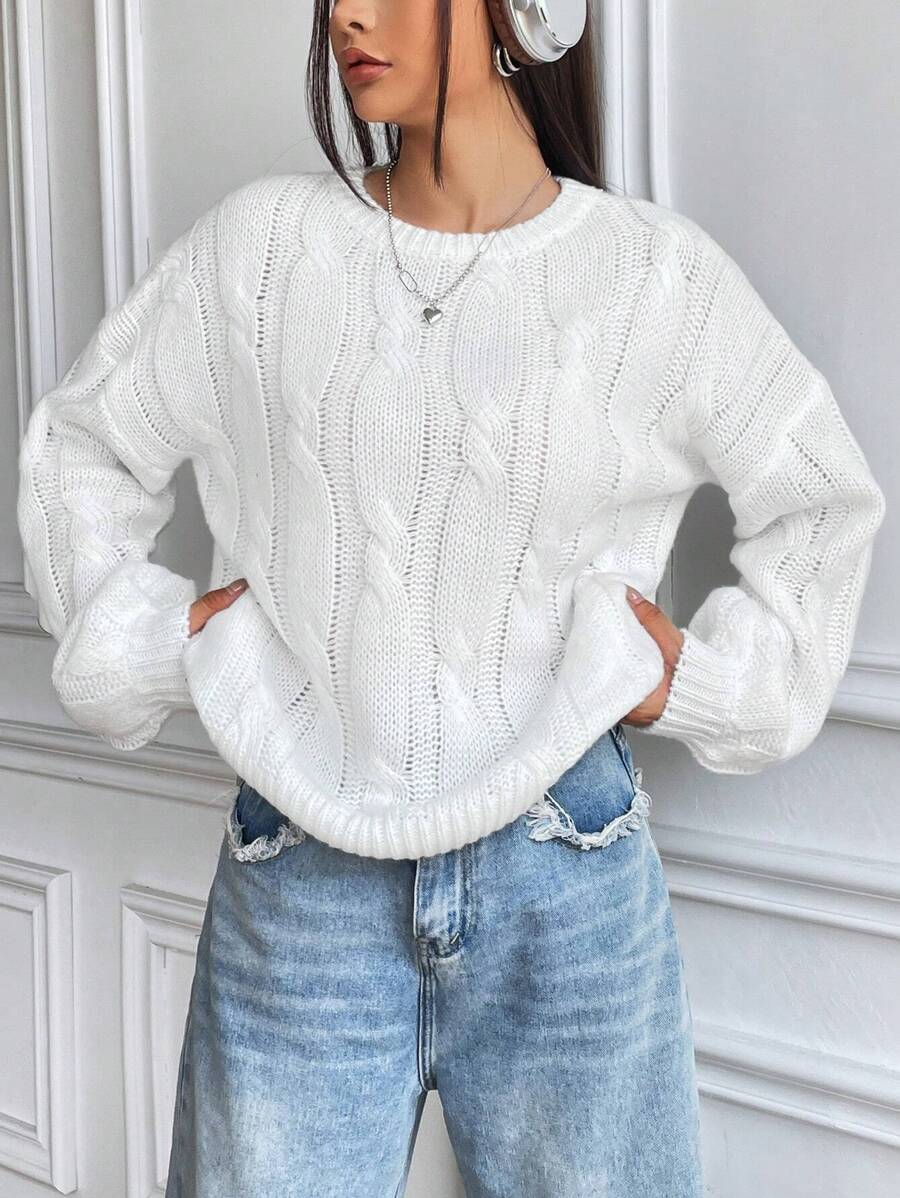 Flirla Cable Knit Drop Shoulder Sweater,Long Sleeve Tops Knit Pullover ...