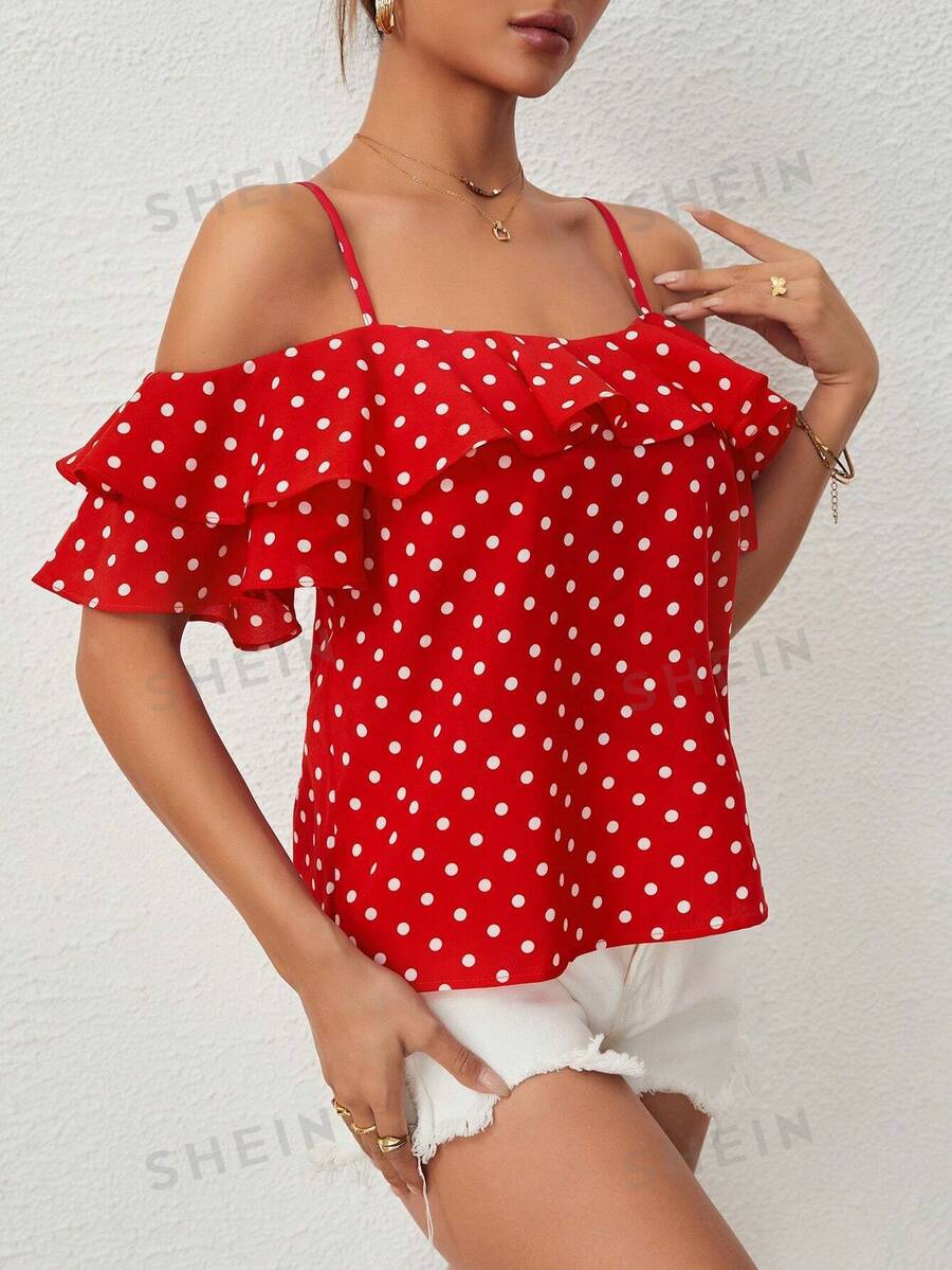 Shein Privé Polka Dot Cold Shoulder Ruffle Trim Blouse Shein Usa
