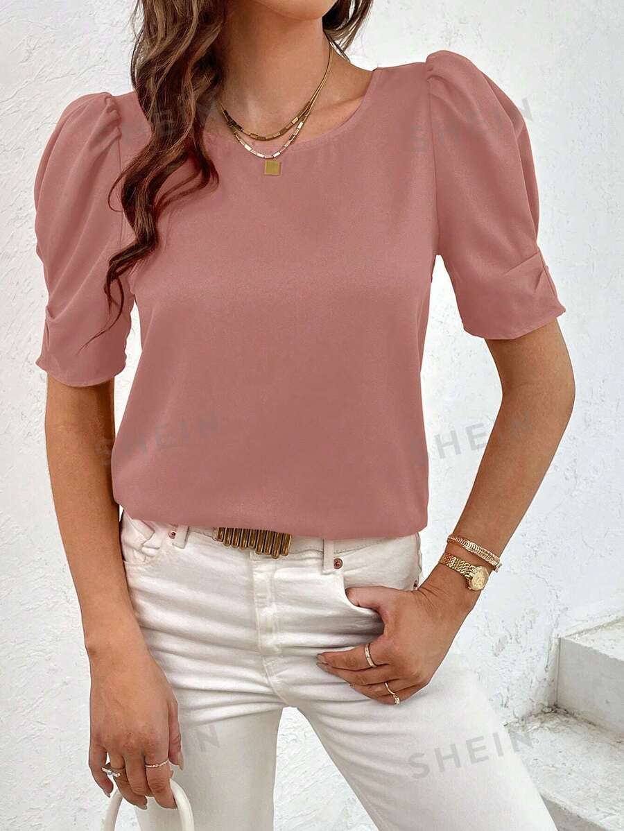 SHEIN Privé Solid Puff Sleeve Blouse | SHEIN UK