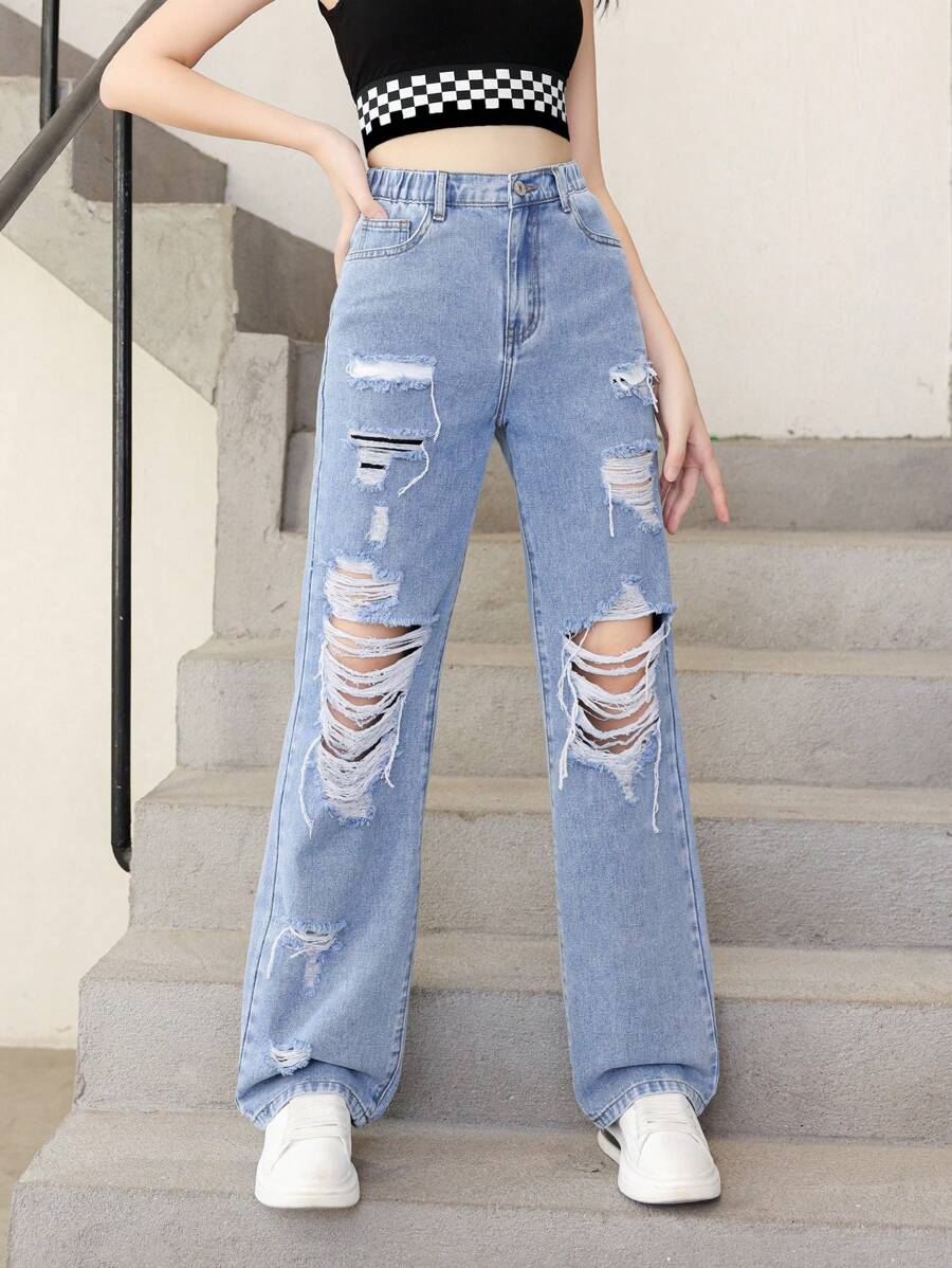 New Style Simple And Versatile Teen Girls' Jeans, Washed Denim Straight ...