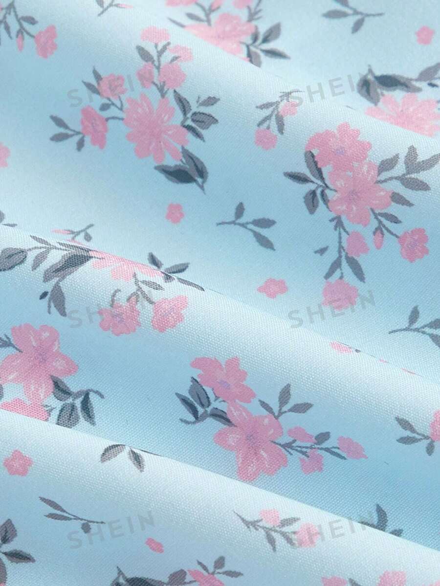 SHEIN MOD Ditsy Floral Print Pink Floral Pattern On Blue Background ...
