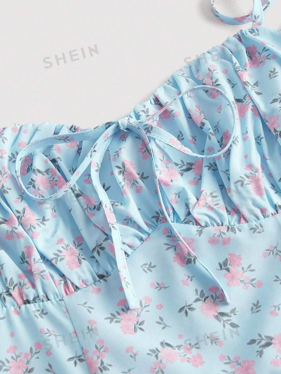 SHEIN MOD Ditsy Floral Print Pink Floral Pattern On Blue Background ...