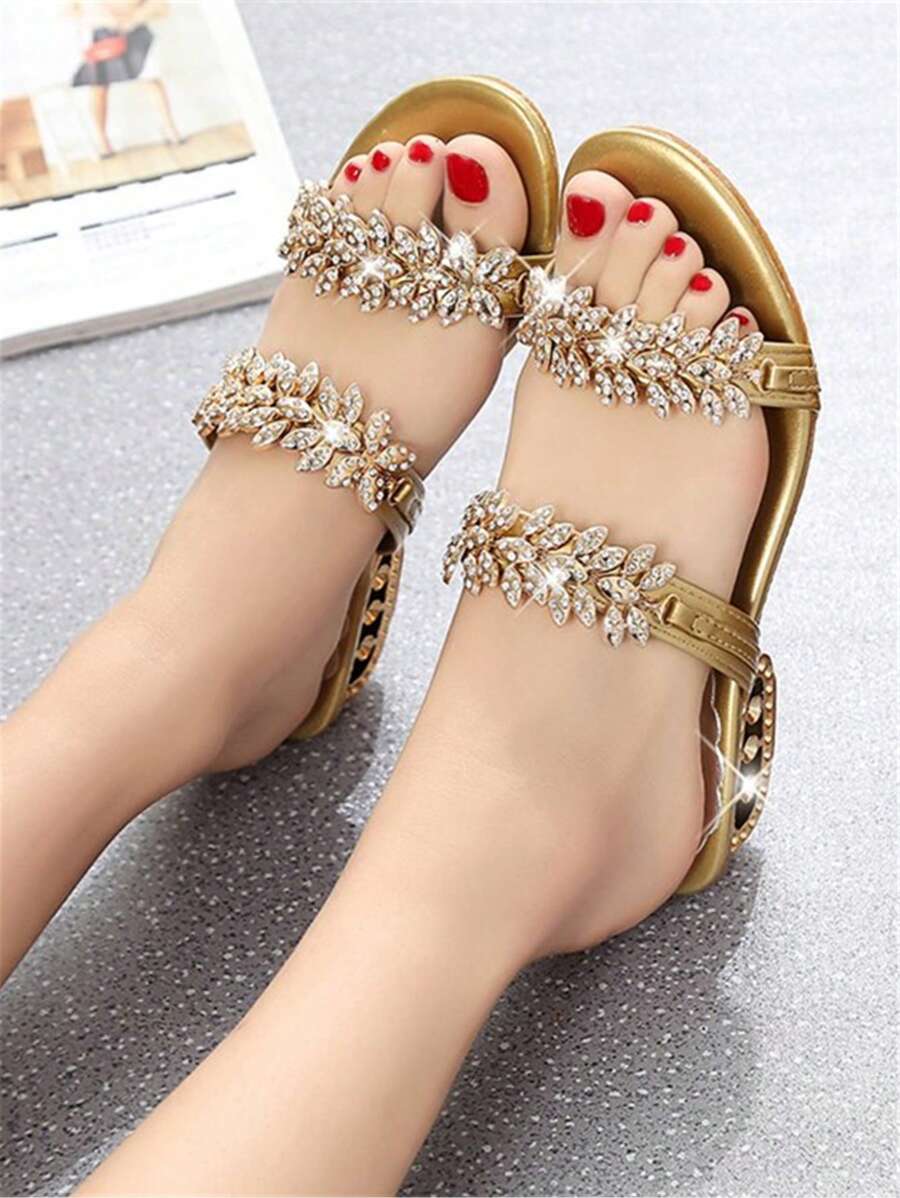 Women's High Heeled Sandals,Lady's Gold Flower Rhinestone Decorated ...