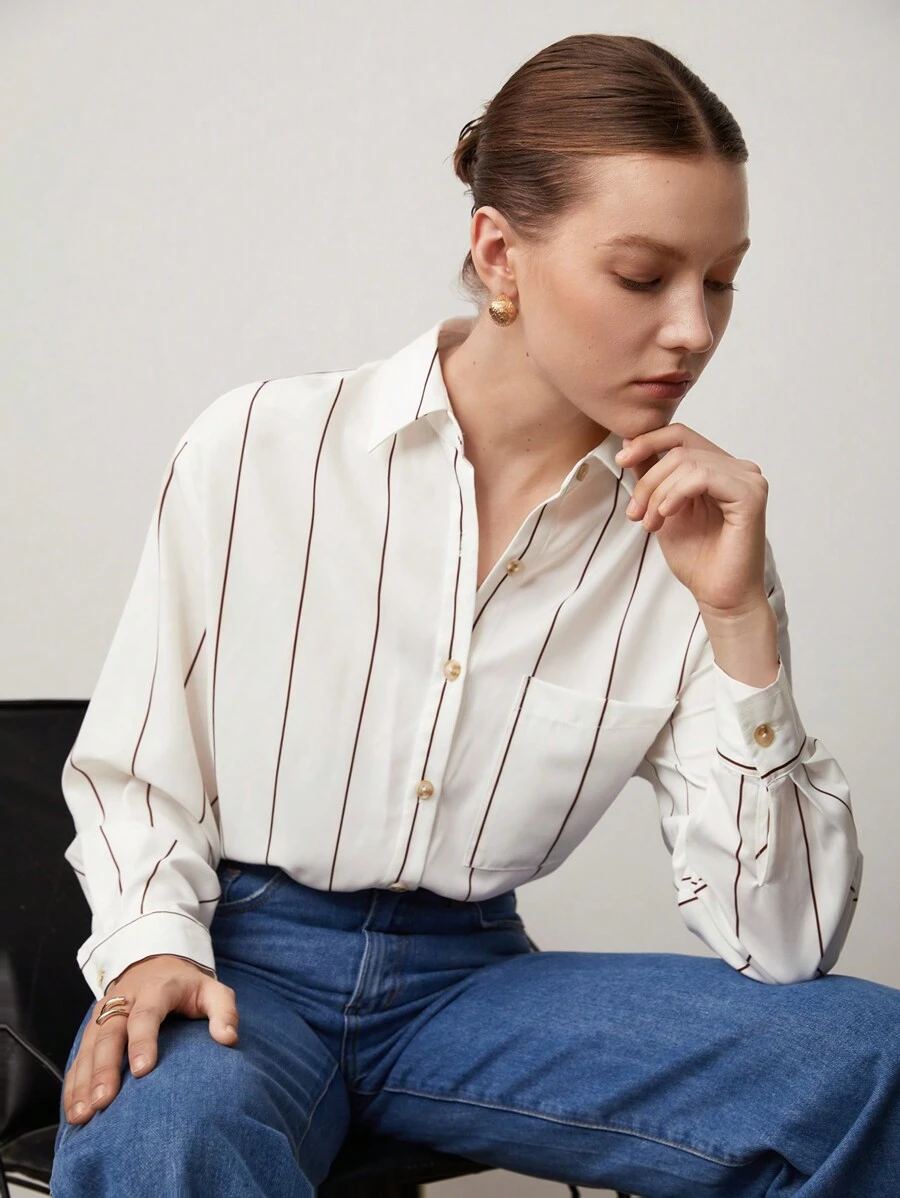 BizChic Women's Striped Print Button-Up Work Shirt, White Loose Casual ...